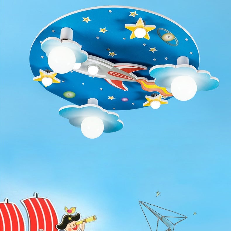 Modern Art Deco Kids Wood Plastic Round Rocket Starry Sky LED Flush ...